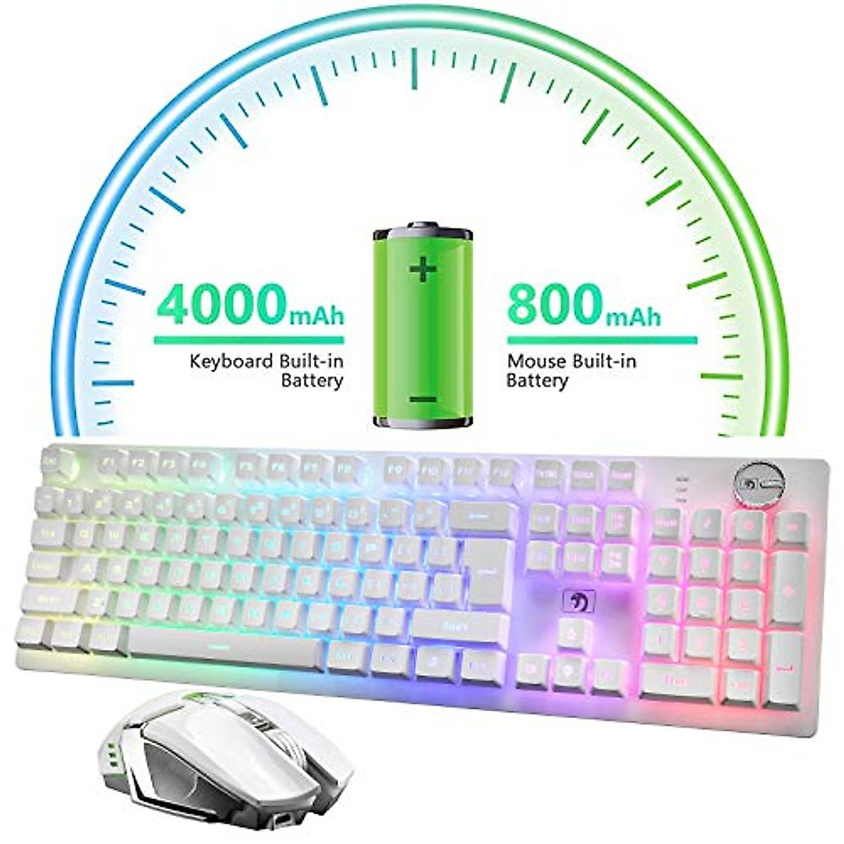 Wireless Rechargeable Keyboard and Mouse Combo,2.4G Full-Size Mechanical Feel Rainbow Backlit Gaming Keyboards with 7-Key 2400DPl Mice for PC Laptop Computer Gamer(White&RGB Light)