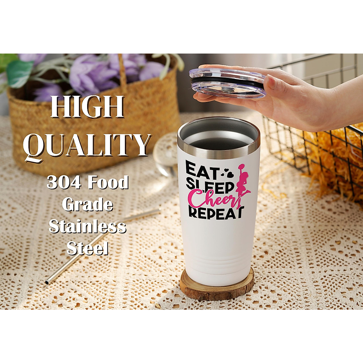 Onebttl Cheerleader Gifts For Girls, Women - 20oz/590ml Stainless Steel Insulated Tumbler with Straw, Lid - Gift for Cheerleading, Coach or Cheer Squad - Repeat, White