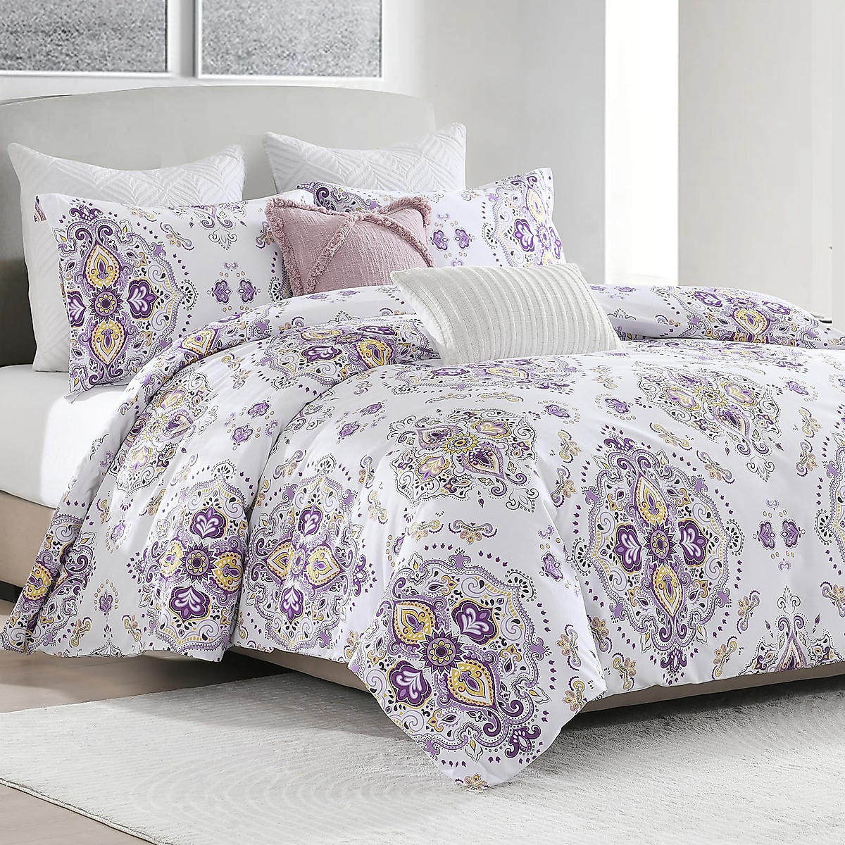 Bedduvit 100% Cotton Duvet Cover Queen Size - Purple Damask Queen Duvet Cover Set, Soft Cozy Paisley Pattern All Season Bedding Comforter Sets with Zipper Closure & 8 Ties (90"x90")
