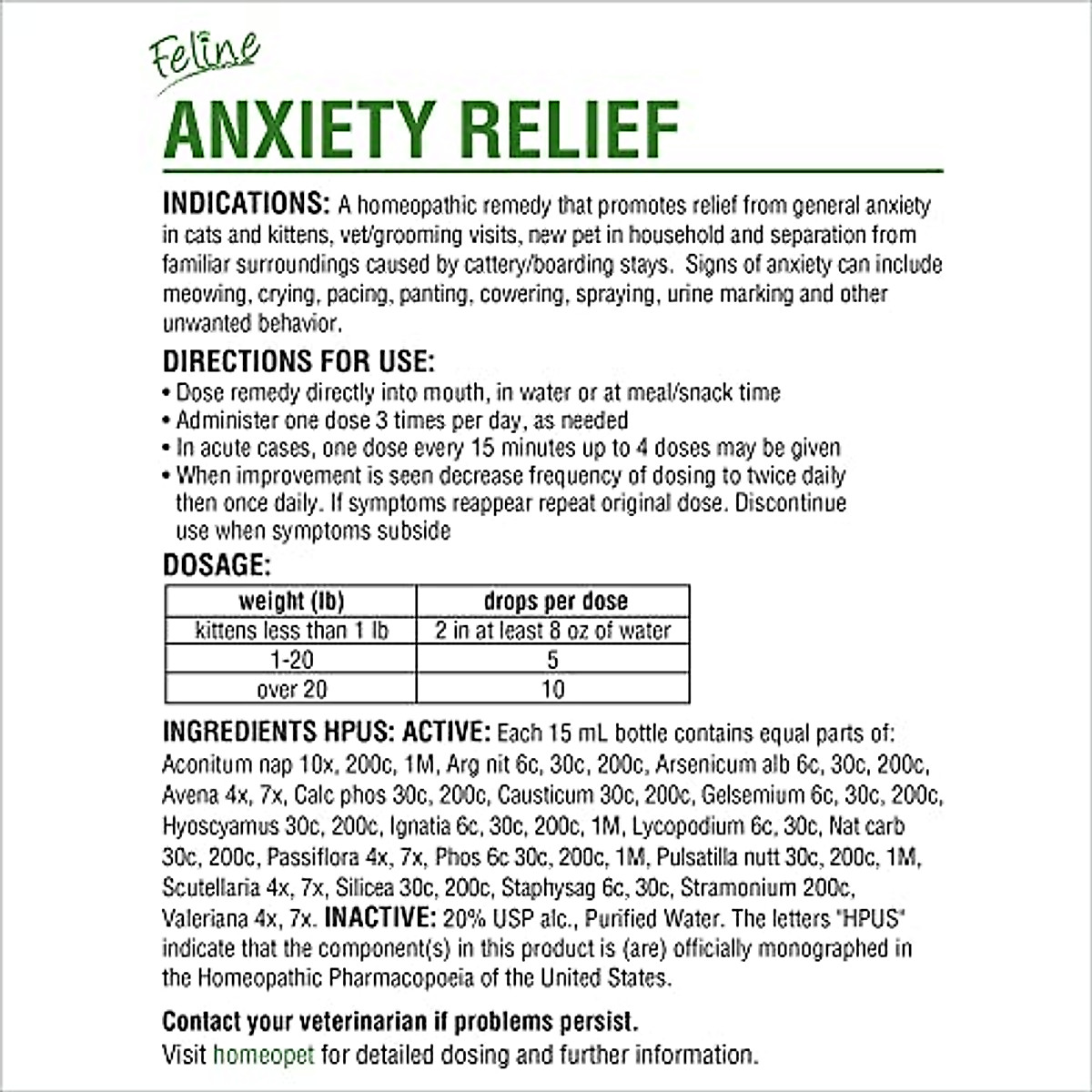 HomeoPet Feline Anxiety Relief, Stress and Anxiety Support for Cats, 15 Milliliters