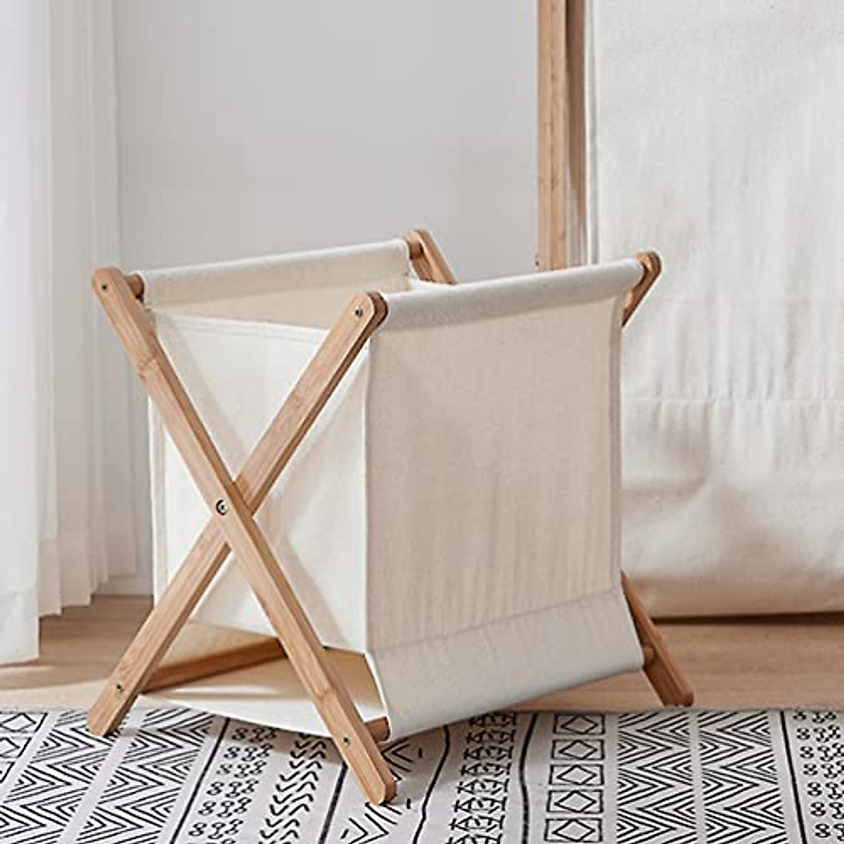 generic Laundry Basket Collapsible Bamboo Laundry Hamper with Cloth Bag - Freestanding X-Frame Clothes Hamper Organizer Household Storage Basket for Clothes Toys - Beige, 18x5x2 Inch