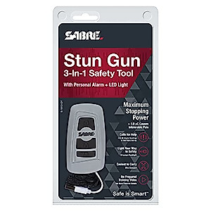 SABRE Compact Stun Gun, Flashlight & Personal Alarm –Rechargeable 3-in-1 Personal Safety Tool w/ Wrist Strap for Quick Access