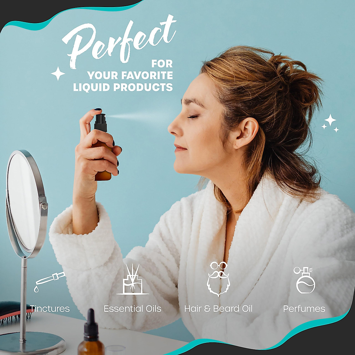 Nevlers 24PK Amber 1oz Spray Bottles | Glass Spray Bottles Set w/Shrink Wrap, Funnel, Brush & Labels | Small Spray Bottle For Use as Mister Spray Bottle, Travel Spray Bottle & Hair Spray Bottle