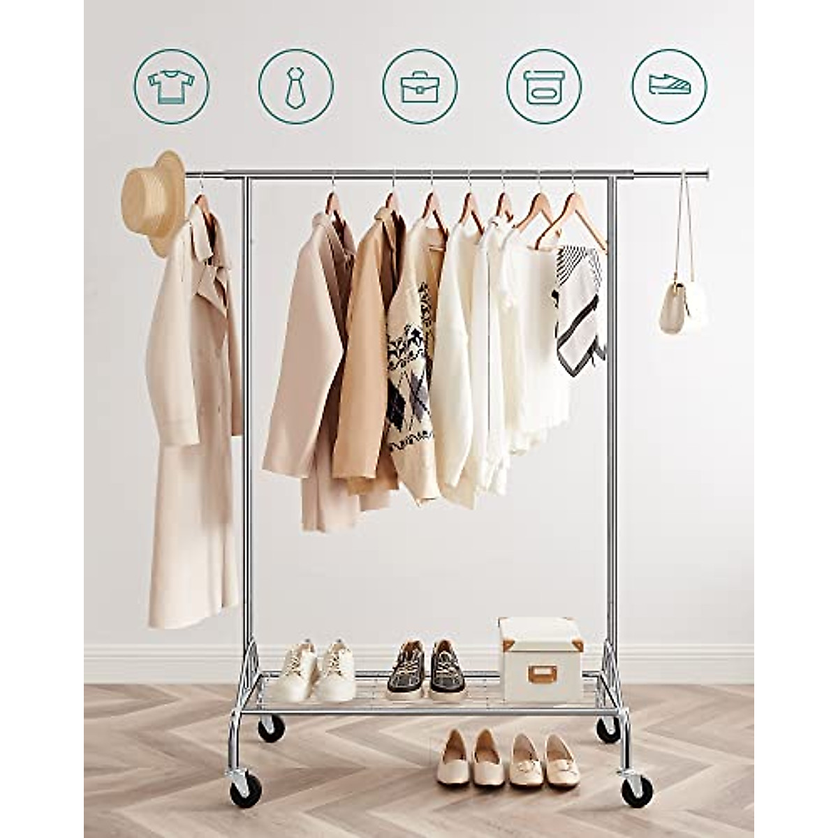 SONGMICS Heavy Duty Metal Clothes Rail with Shoes Shelf, Maximum Load of 50 kg, one Rod, Silver