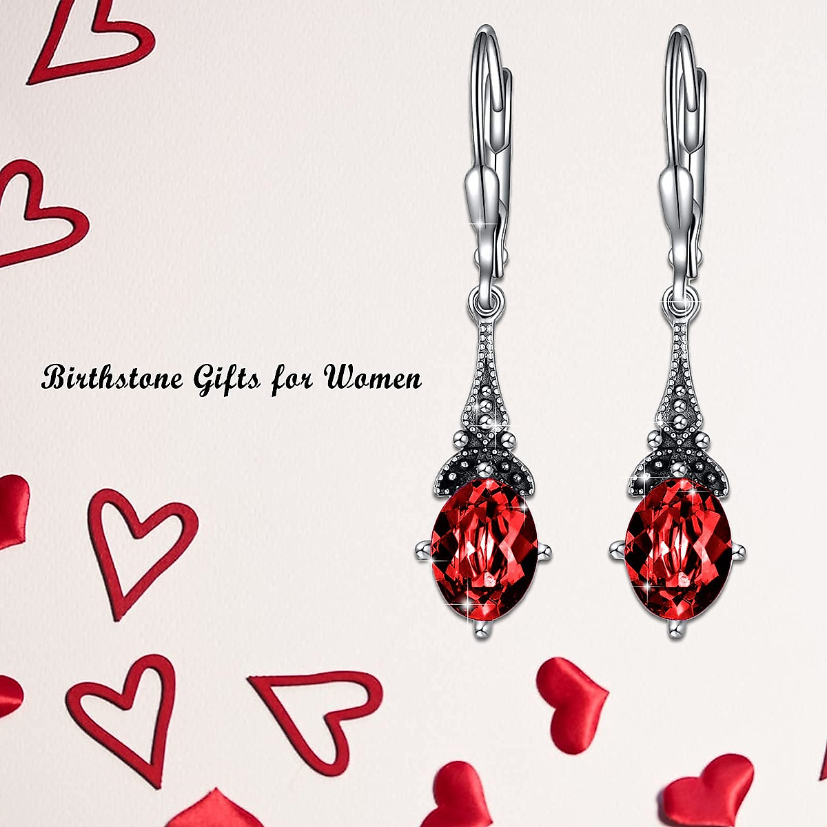 Vintage Leverback Ruby Earrings Sterling Silver Retro Drop Earrings with Oval Red Simulated Birthstone Crystal from Austria, Earrings Gifts Birthday Jewelry for Women