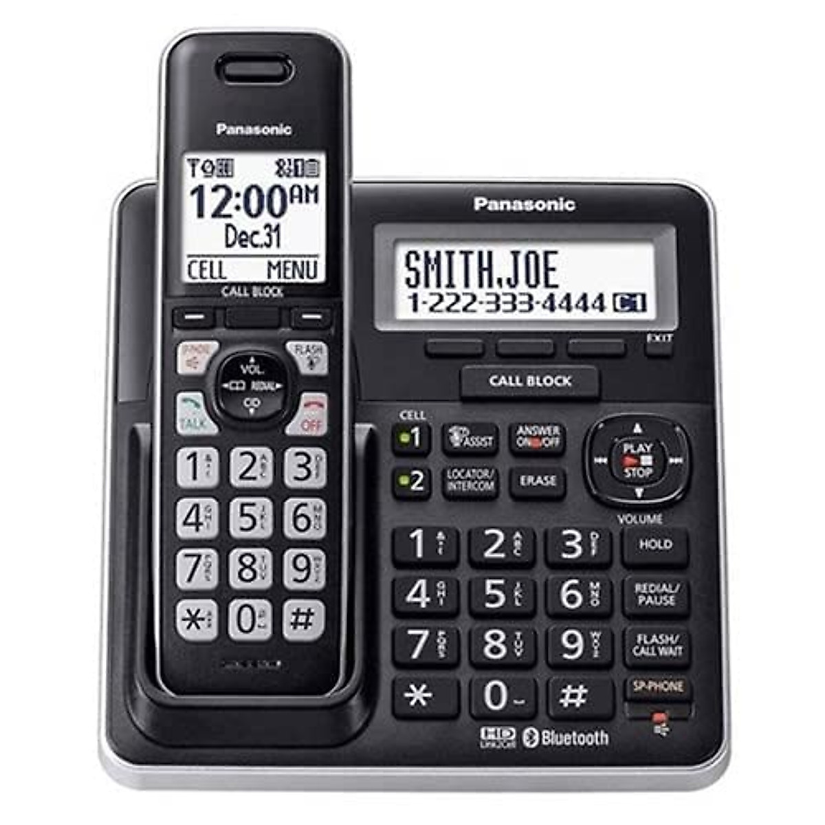 Panasonic KX-TG985SK Link to Cell Bluetooth Voice Assist Talking Caller ID Answer-by-Voice Call Block Low Battery Alert Cordless Phone - 5 Handset (Renewed)