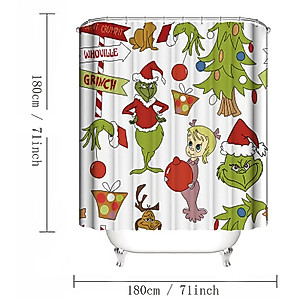 Teunix 4 Pcs Christmas Shower Curtain Set with Non-Slip Rugs, Toilet Lid Cover and Bath Mat, Christmas Decor for Bathroom, Christmas Bathroom Home Decorations with Hooks 71'' x 71'' (White)