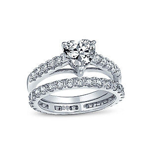 Personalized 1CT Cubic Zirconia AAA CZ Romantic Heart Shaped Anniversary Wedding Engagement Ring Pave Band Set For Women .925 Sterling Silver Customizable
