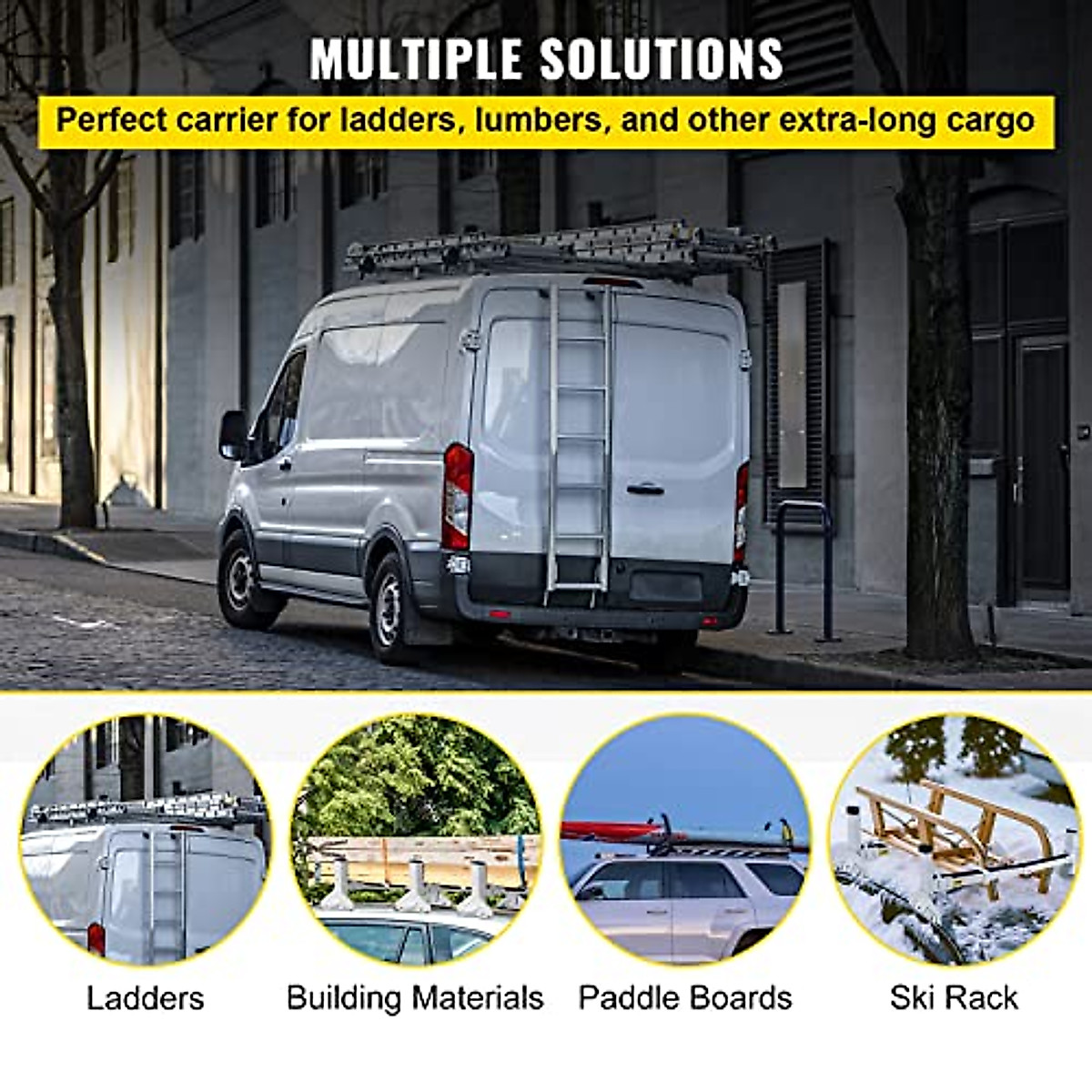 VEVOR Van Roof Ladder Rack, 3 Bars, 661 LBS Capacity, 46.9"-59.1" Adjustable Middle Bar Steel Roof Racks, Rain-Gutter Mount Racks Fit Most Van Rails, Universal Design, White