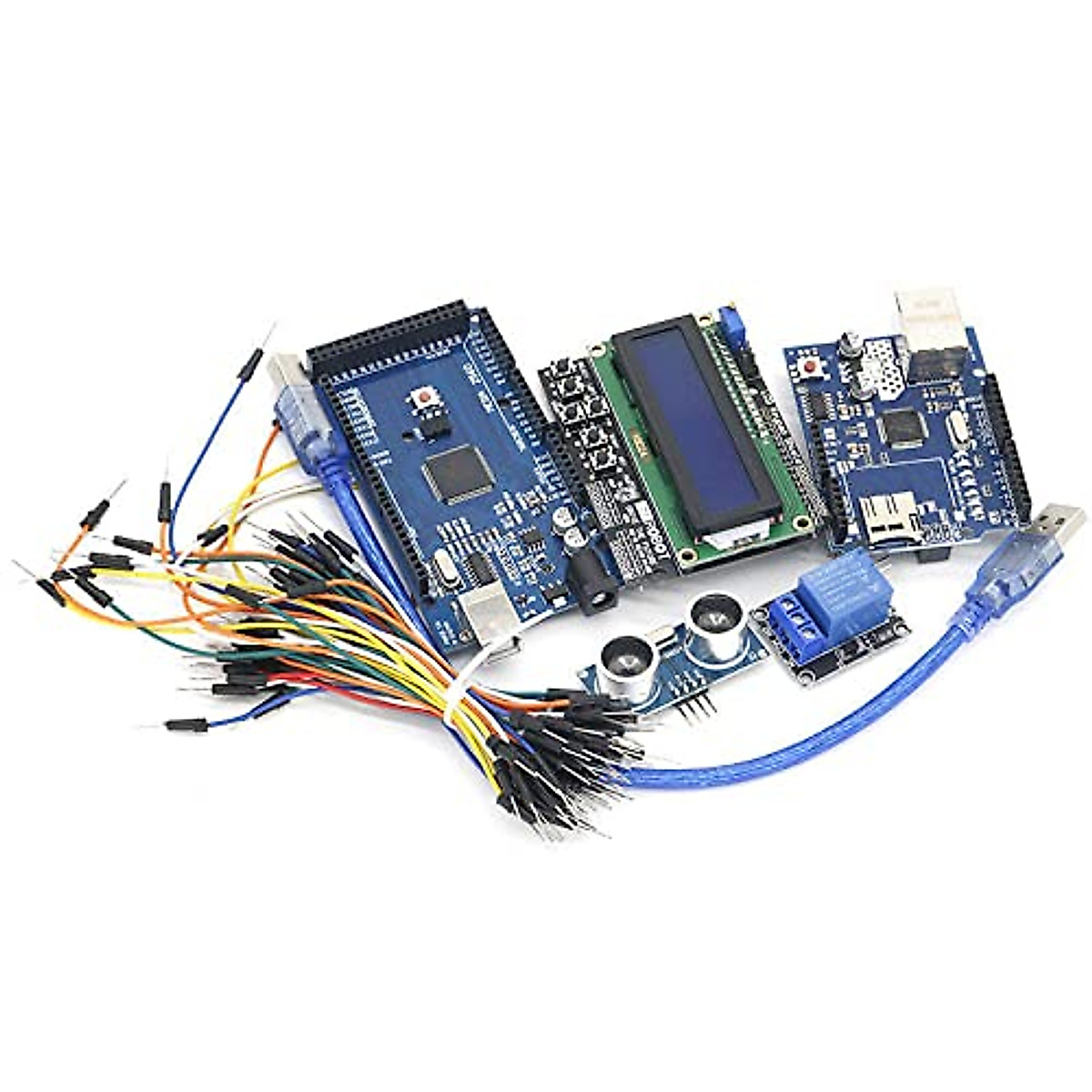 Mega 2560 r3 for arduino kit + HC-SR04 +breadboard Cable + Relay Module+ W5100 UNO Shield + LCD 1602 Keypad Shield