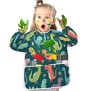 Nander Cute Dinosaur Kids Art Smocks,Waterproof Artist Painting Aprons for For Dining, Playing, Painting for Age 2-6Years
