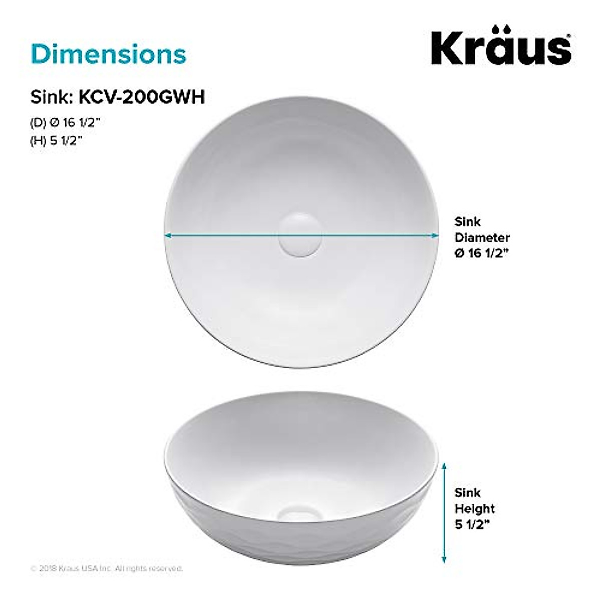 KRAUS Viva™ Round White Porcelain Ceramic Vessel Bathroom Sink, 16 1/2 in. D x 5 1/2 in. H, KCV-200GWH