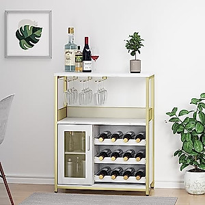 GAOMON Wine Bar Cabinet with Removable Wine Racks and 1 Drawer,Bar Cabinet with Glass Holder and Mesh Door for Liquor and Glasses(Gold)