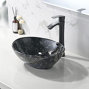 VOKIM Oval Marble Ceramic Vessel Sink and Faucet Combo -16" x 13" Modern Egg Shape Above Counter Bathroom Vanity Bowl
