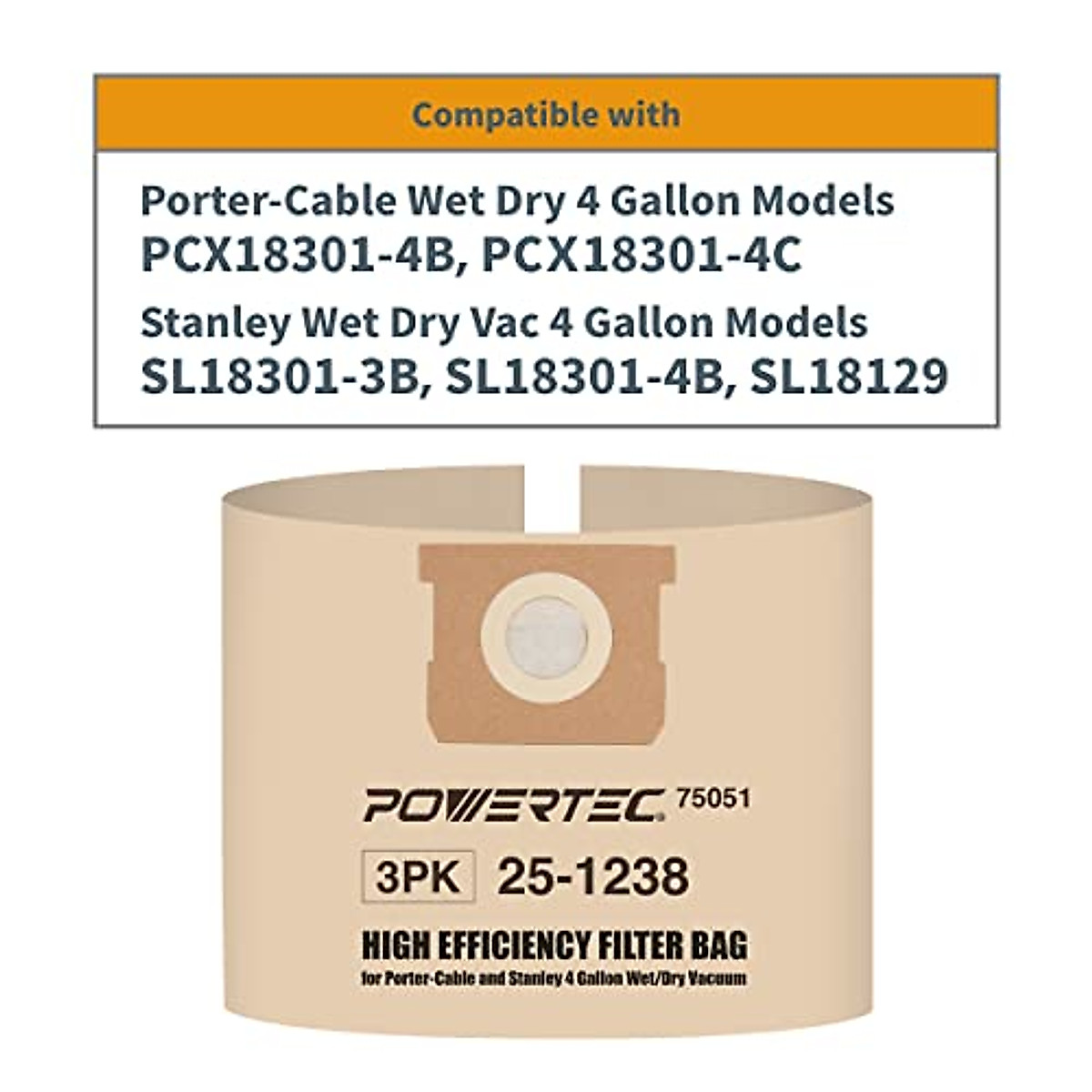 POWERTEC Shop Vacuum Bags 3PK for Stanley 25-1238/ Porter Cable PCX18301-4B, SL18301-3B 4 Gallon Vacuum Bags, Replacement Filter Bags for Stanley & Porter Cable Shop Vacuum Accessories (75051)