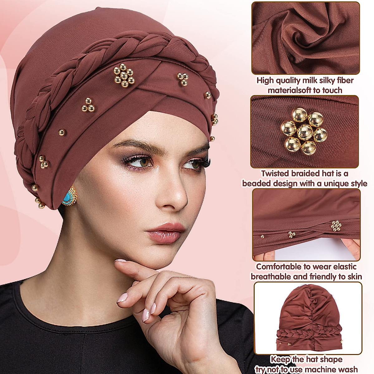 4 Pack Women Turban Cap,Beaded Headscarf Beanie,African Braid Turban Cap for Women,Twisted Beaded Braid Wrap Hat Braid Turban (Black+Purple+Brown+Yellow)