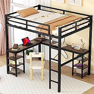 Bellemave Full Size Loft Bed with L Shaped Desk,Metal Frame Loft Bed Full with Storage Shelves,Heavy Duty Metal Loft Bed for Kids,Teens, Noise Free,Black