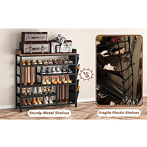 EnHomee Shoe Rack for Entryway Metal Shoe Racks with Boots Storage for 18-22 Pairs Free Standing Entryway Shoes Rack Sturdy Shoe Shelf Wooden Top & Side Pocket for Entry, Entrance, Hallway, Black