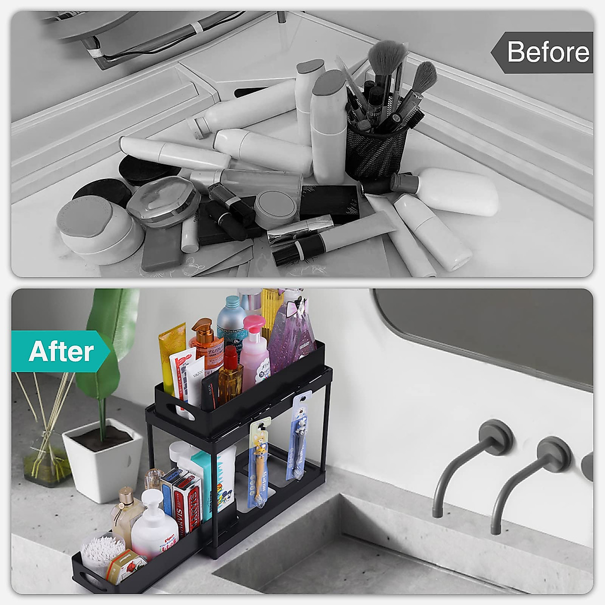 Under Sink Organizer, Double Pull-out Cabinet Organizer, 2-Tier Sliding Under Storage Drawer Shelf Basket with Hooks Hanging Cup for Kitchen Bathroom