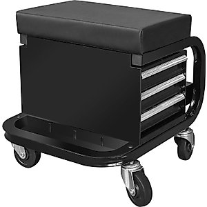 Torin APD2016AB Rolling Tool Chest/Tool Box with 3 Drawers and Wheels, Padded Mechanic Stool Creeper Seat, Black