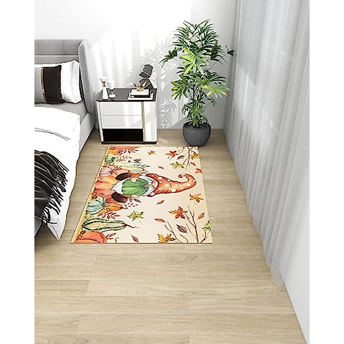 Indoor Area Rug, Fall Thanksgiving Non Slip Carpet Pad Bathroom Mat, Orange Ombre Gnomes Pumpkin Maple Leaf Kitchen Runner Area Rug for Bedroom/Living Room/Kids Room 5'x7'