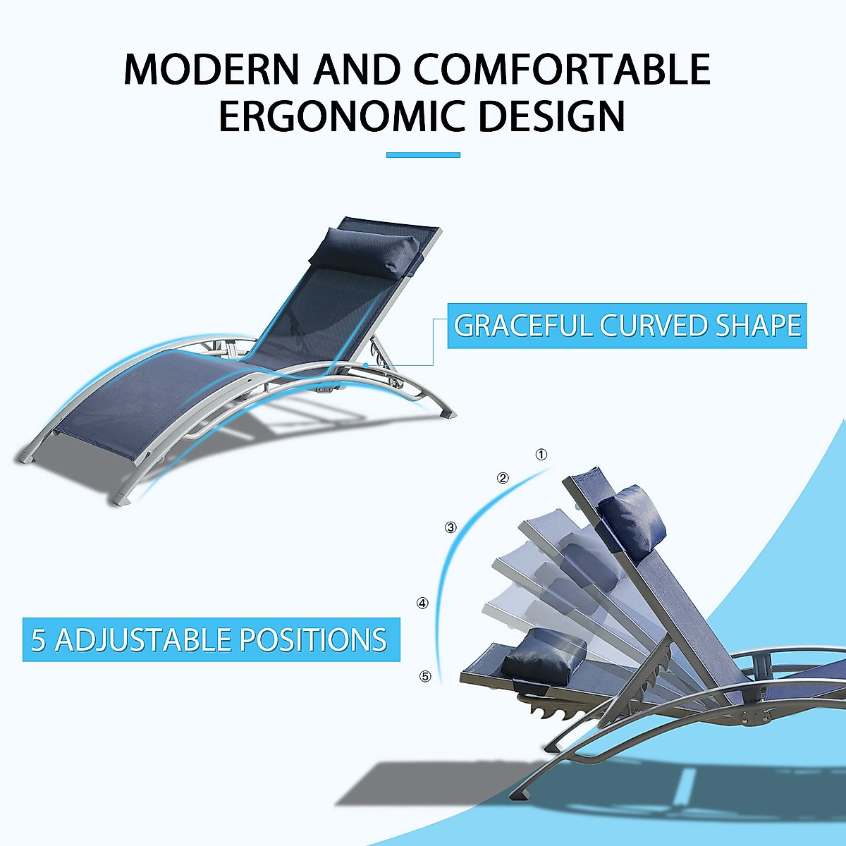 Domi Pool Lounge Chairs Set of 3, Adjustable Aluminum Outdoor Chaise Lounge Chairs with Metal Side Table, All Weather for Deck Lawn Poolside Backyard -Navy Blue Textilene