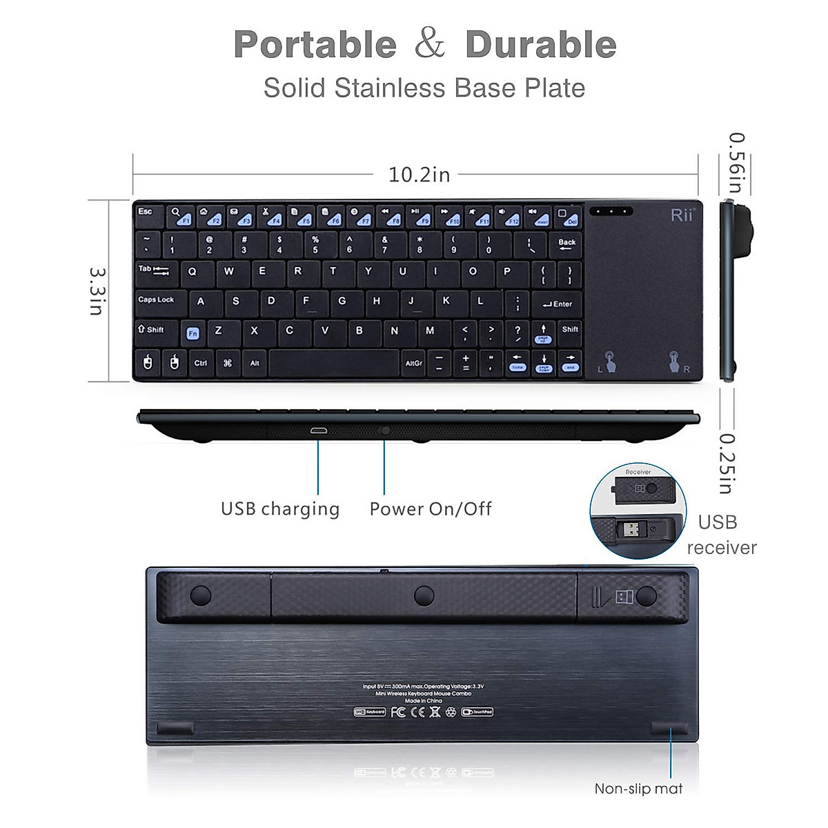 Rii K12+ Mini Wireless Keyboard with Large Touchpad Mouse&Qwerty Keypad, Stainless Steel Portable Wireless Keyboard with USB Receiver for MacBook/iPad/Tablet/PC/Laptop/Smart TV/Raspberry Pi - Black