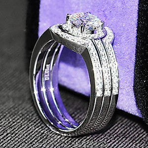 WSX Gold 1ct Moissanite Bridal Rings Sets for Women Her Bright Halo Wedding ring Simulated Diamond Engagement Ring Trio Set