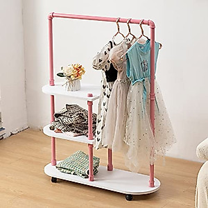 ZYUXUAN Dress up Rack, Child Garment Rack, Kids Clothing Rack with Storage Shelves, Small Open Wood Clothes Rack with Rolling Wheels for Small Spaces, Industrial Pipes Garment rack, Pink White