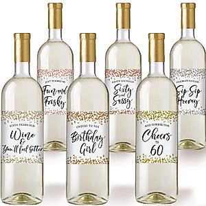 Printed Party 60th Birthday Wine Bottle Labels, Confetti, Set of 6