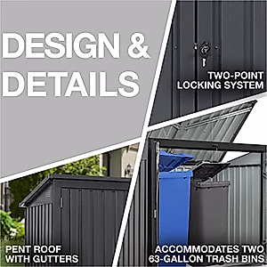 Hanover Trash and Recyclables Galvanized Steel Storage Shed with Pent Roof and 2-Point Locking System in Dark Gray, Stores 2 Trash Cans, 3.3-Ft. x 5.2-Ft. x 4.4-Ft.