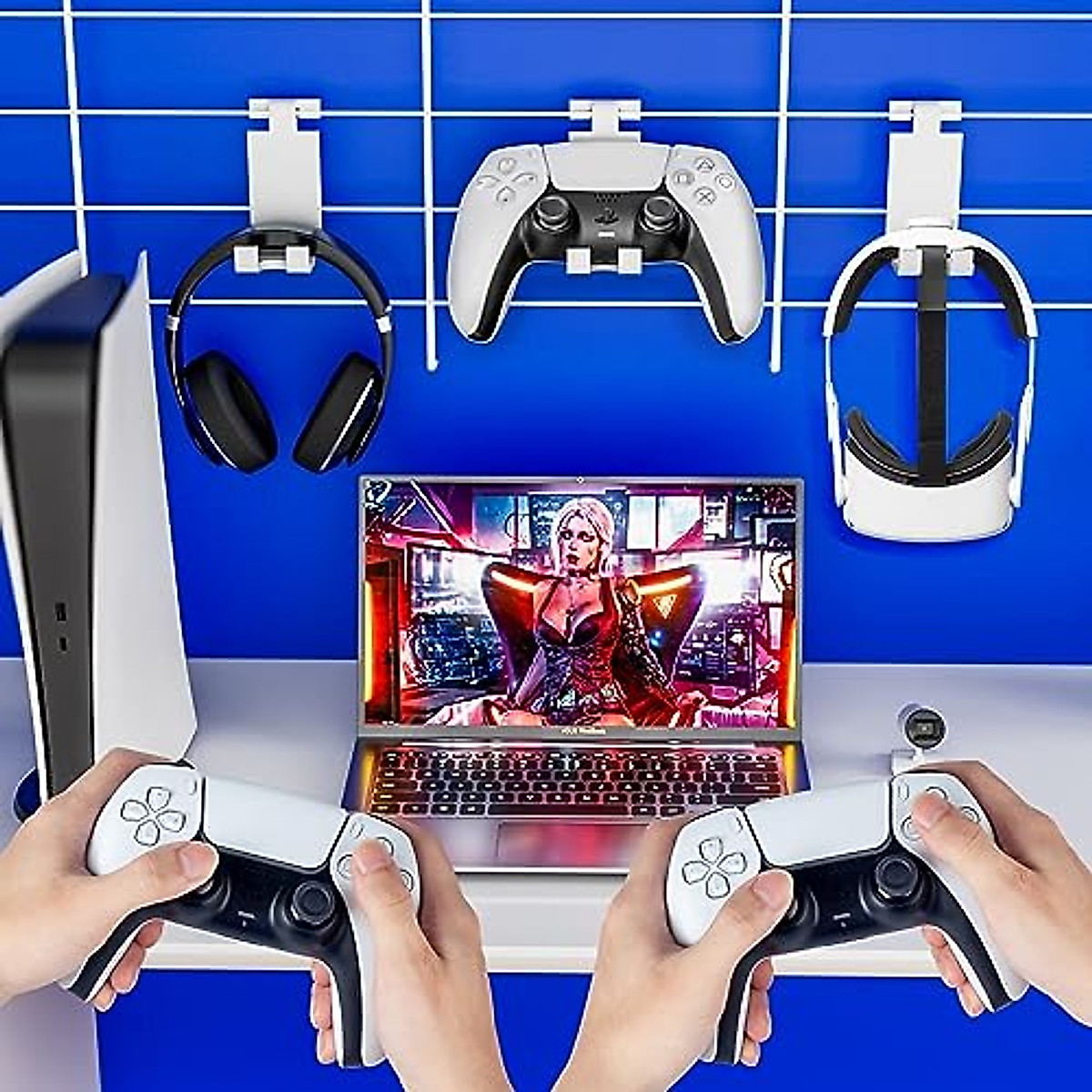 Gepicest PS5 Headset Holder Stand for Playstation 5 Console, Gaming Headset Hanger with Widen Hook for PS5 Controller, 3 Packs Gaming Headphones/Remote Accessories for Multi PS5 Stuff White