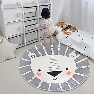 ABREEZE Kids Play Rug 4ft,Lion Round Area Rug Kids Nursery Door Mat Soft Plush Non-Slip Childrens Carpet for Bedroom Living Room Kids Playroom,Grey