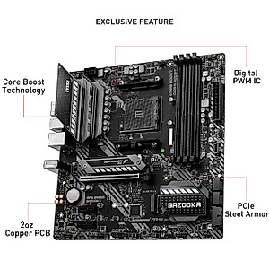 MSI MAG B550M Bazooka Gaming Motherboard (AMD AM4, DDR4, PCIe 4.0, SATA 6Gb/s, M.2, USB 3.2 Gen 1, HDMI/DP, Micro-ATX)