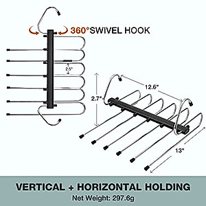 Pants Hangers Space Saving Collapsible Multiple Pants Hangers for Closet Stainless Steel 6 in 1 Trousers Hangers 360°Swivel Clothes Hangers Storage Organizer for Pants Jeans Scarf (1 Pack-6 Layers)