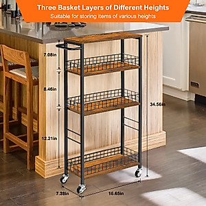 YBING Slim Storage Cart 4 Tier Kitchen Rolling Cart on Wheels Mobile Narrow Cart with Wooden Tabletop Slide Out Utility Cart for Bathroom Laundry Narrow Places Rustic Brown 16.5''L X 7.3''W X 34.6''H