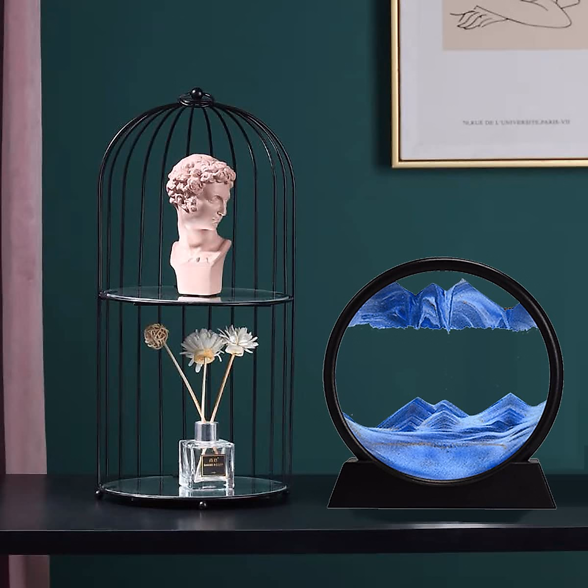 rysnwsu 3D Dynamic Sand Art Liquid Motion, Moving Sand Art Picture Round Glass 3D Deep Sea Sandscape in Motion Display Flowing Sand Frame Relaxing Desktop Home Office Work Decor (Blue, 7'')