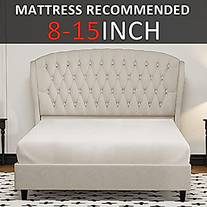 PaPaJet Queen Size Platform Bed Frame, Linen Curved Upholstered Bed with Shell Wingback Headboard/Deep Button Tufted/No Box Spring Needed/Beige