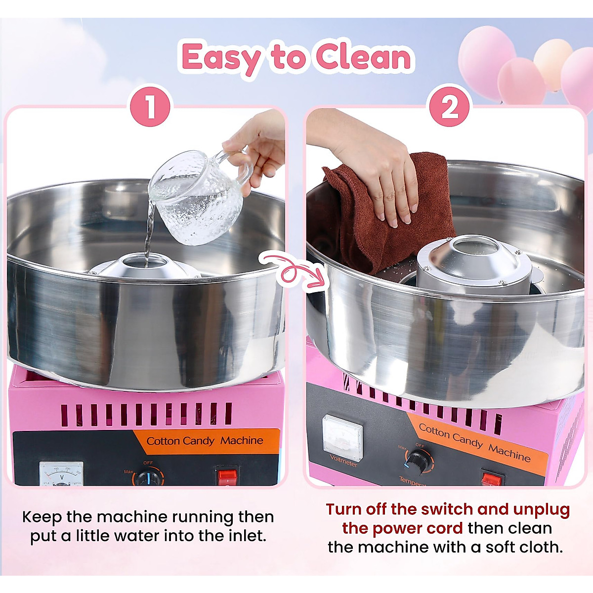Cotton Candy Machine Commercial, 1000W Electric Cotton Candy Maker Machine, Candy Floss Machine with Stainless Steel Bowl and Sugar Scoop for Kids Birthday, Family Party Pink