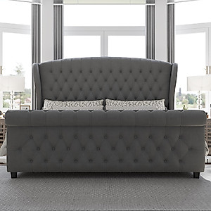 AMERLIFE King Size Platform Bed Frame, Velvet Upholstered Sleigh Bed with Scroll Wingback Headboard & Footboard/Button Tufted/No Box Spring Required/Grey