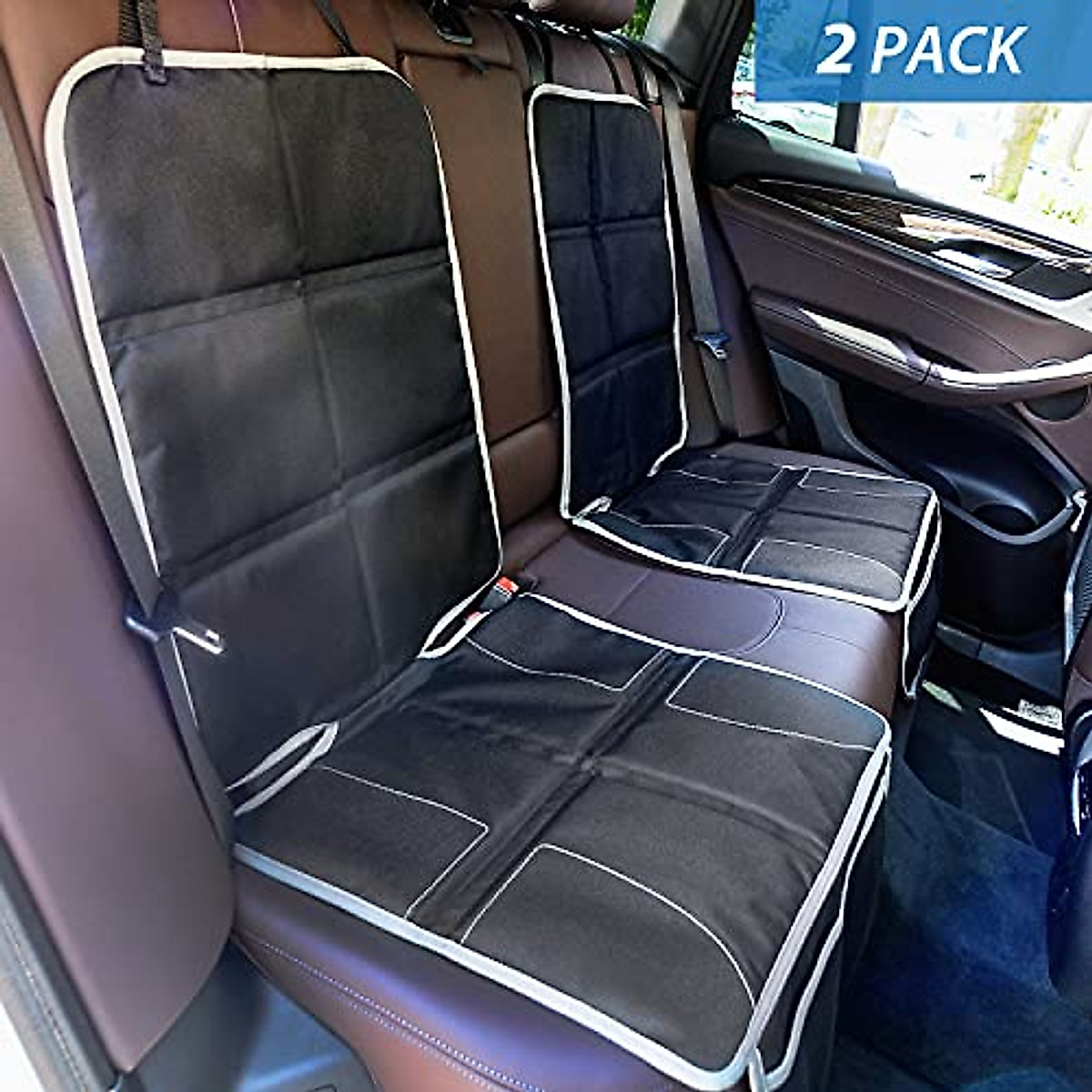 JOYSKY Car Seat Protector for Child Car Seat, 2 Pack Large Seat Protectors for Under Car Seat with Thick Padding and Storage Pockets, Full Protection for Your Vehicle Leather Seats