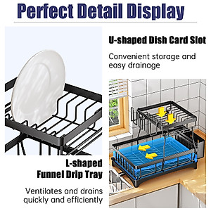 HERJOY Dish Drying Rack, Detachable 2 Tier Dish Rack and Drainboard Set, Large Capacity Dish Drainer Organizer Shelf with Utensil Holder, Cup Rack for Kitchen Counter, Black
