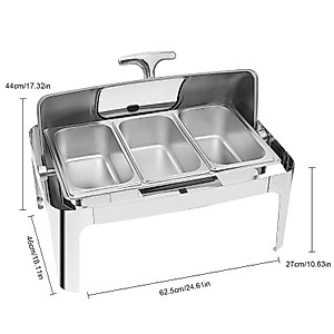 Roll-top Chafing Dish Buffet Warmer Commercial 3-Pot Catering Warmer Set Sliver Food Warmer with Stainless Steel Rolling Lid Chafer Chafers for Weddings, Buffets or Other Banquets