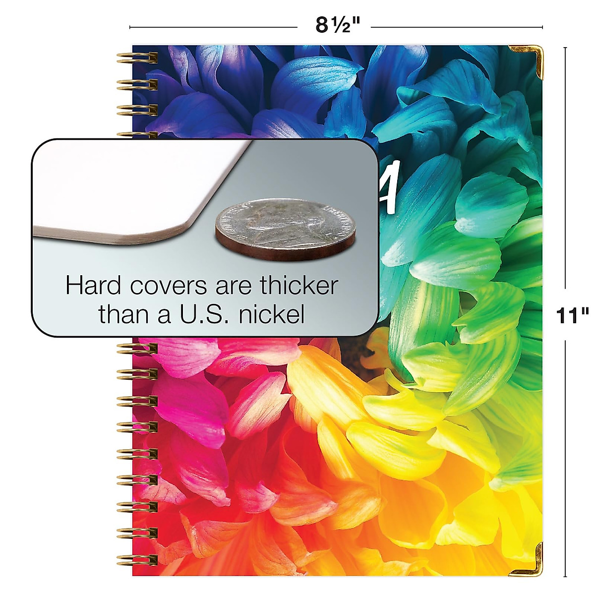 Global Printed Products, HARDCOVER 2024 Planner: (November 2023 Through December 2024) 8.5"x11" Daily Weekly Monthly Planner Yearly Agenda. Bookmark, Pocket Folder & Sticky Note Set (Rainbow Petals)