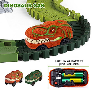 Dinosaur Track Toy Set, 194pcs Flexible Track Toy Set with Dino Car, 360 Degree Rotation Car Track Toy, Create A Dinosaur World Road Race, Dinosaur Toys Track for Kids Ages 3 4 5 6 7 Year Old Boy Girl