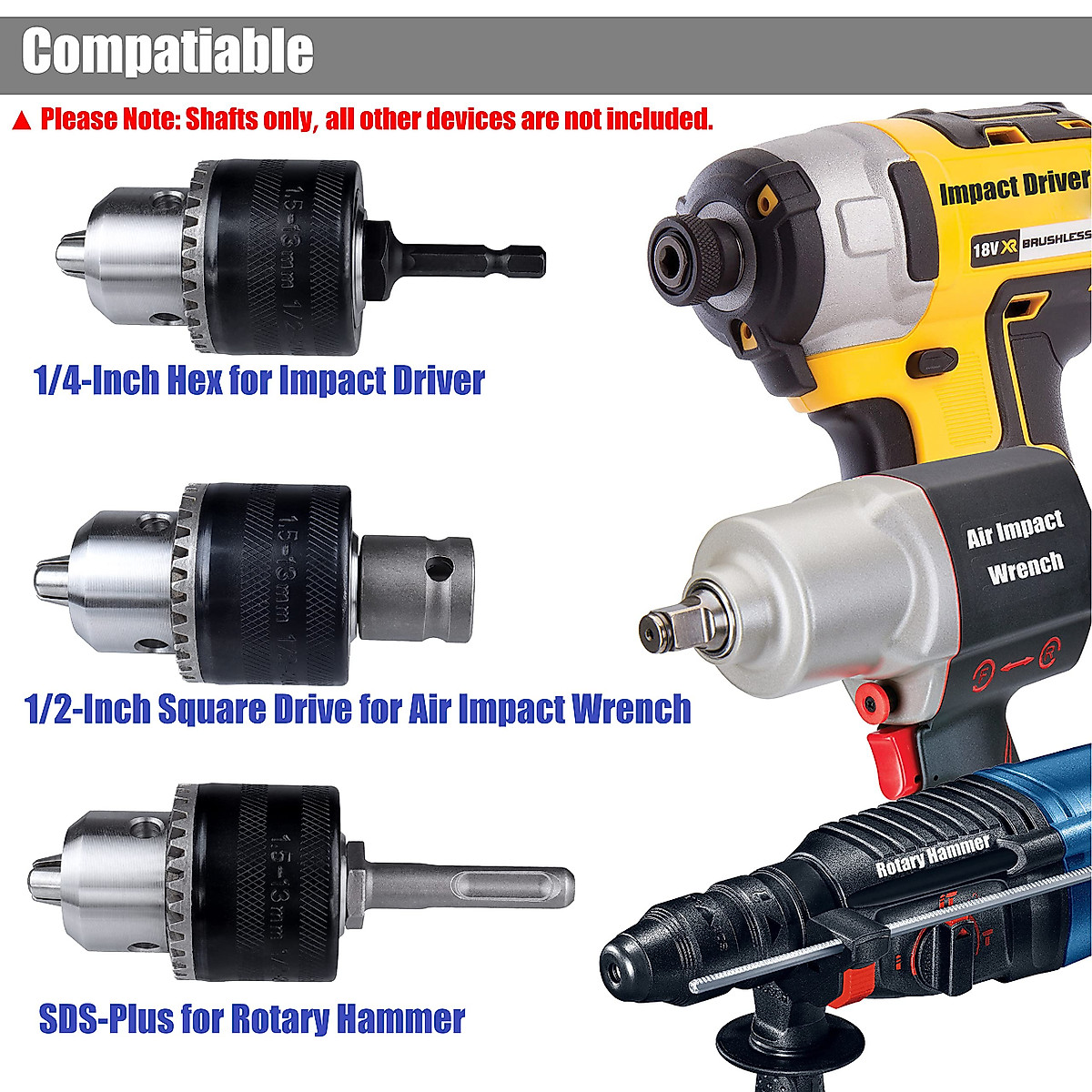 Yakamoz 3Pcs 1/2-20 UNF Mount Thread Drill Chuck Shank Adapter Set, SDS-Plus Shank for Rotary Hammer Drill | 1/4" Hex Shank for Impact Driver | 1/2" Drive Female Adapter for Air Impact Wrench