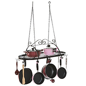 MyGift Black Scrollwork Metal Pot and Pan Ceiling Hanging Rack Heavy Duty Cooking Pans and Utensil Hanger with 10 Dual Hooks