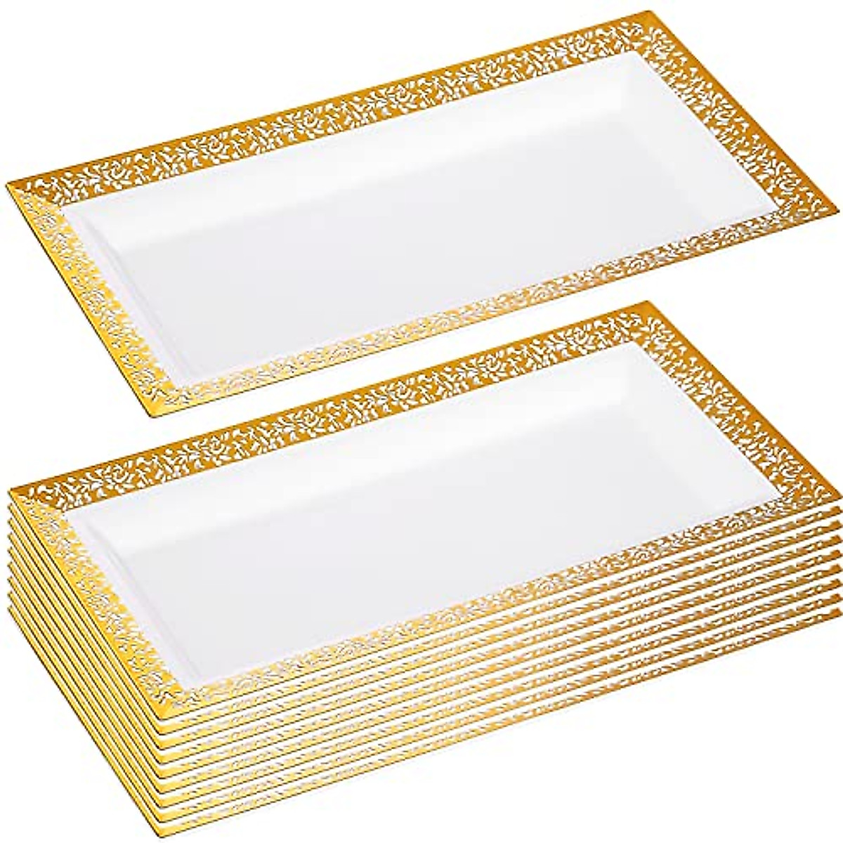 10-Pack Disposable Serving Trays - Decorative Plastic Serving Trays and Platters for Dessert Table, Buffet, Parties, Weddings, and Any Occasion - White with Gold Lace Rim, 7.5 x 14 Inches