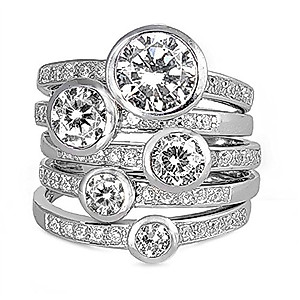Stackable Bezel Round White CZ Wedding Ring Set .925 Sterling Silver Size 9