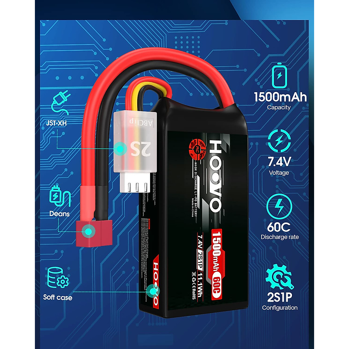 HOOVO 2S 7.4V 1500mAh 60C RC Lipo Battery Pack with Deans T Connector for RC Boat Truck RC Helicopter Airplane Quadcopter UAV Drone FPV Racing Hobby Models(2 Packs)